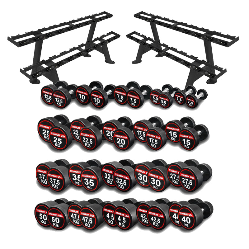 TITANIUM USA 2.5 TO 50KG POLYURETHANE DUMBBELL SET WITH RACKS ...